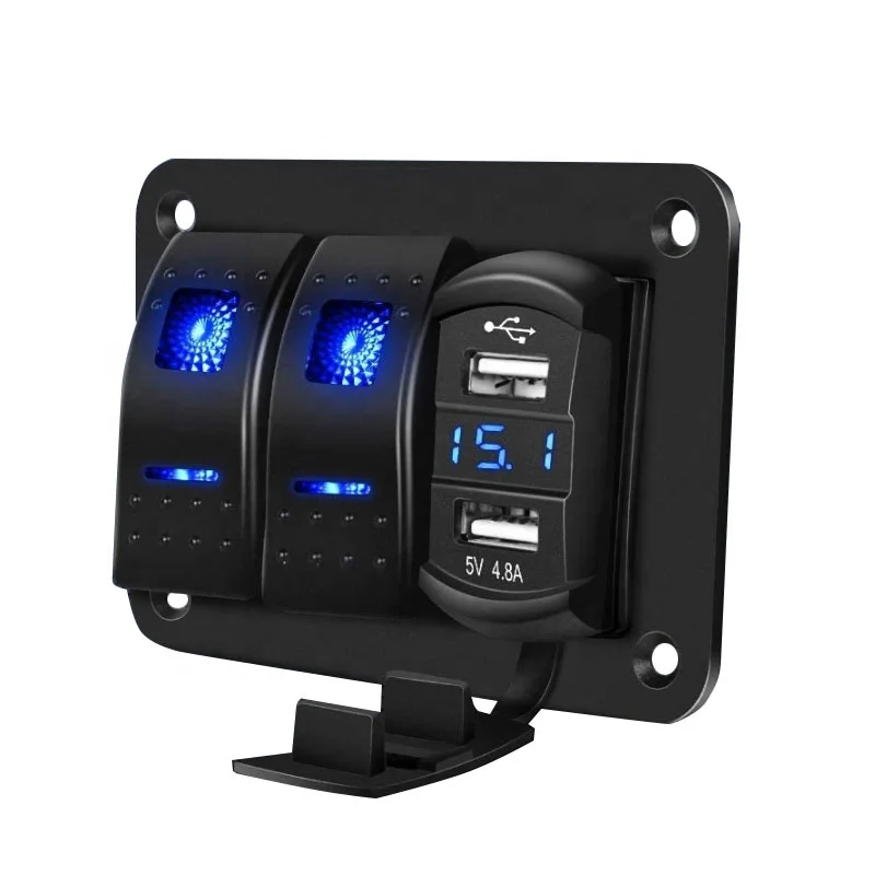 3 Gang Rocker Switch Panel with 4.8 Amp Dual USB Charger Voltmeter ...
