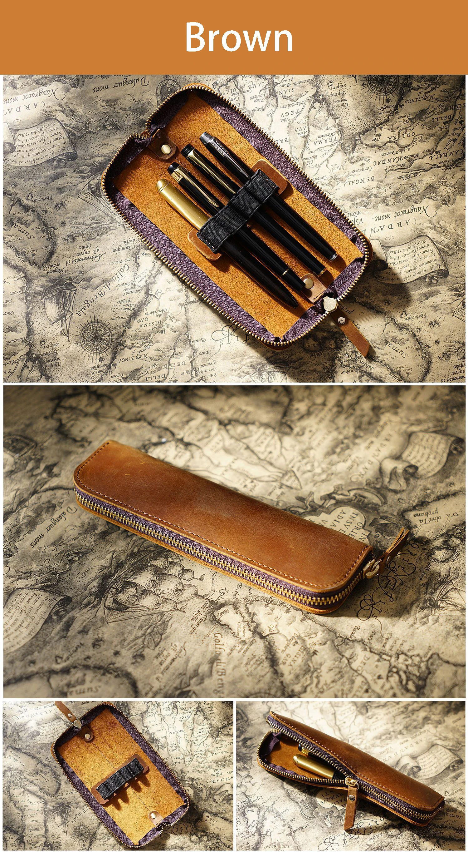 Trousse à stylo,Trousse à Crayons en Cuir de Vache avec Fermeture ...
