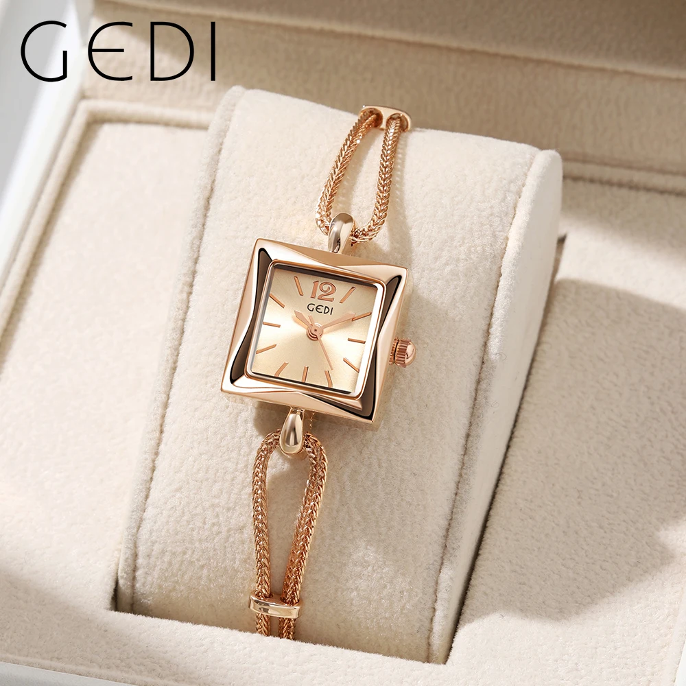 2024 Fashion Gedi Top Brand Rose Gold Women Square Wrist Watch Alloy ...