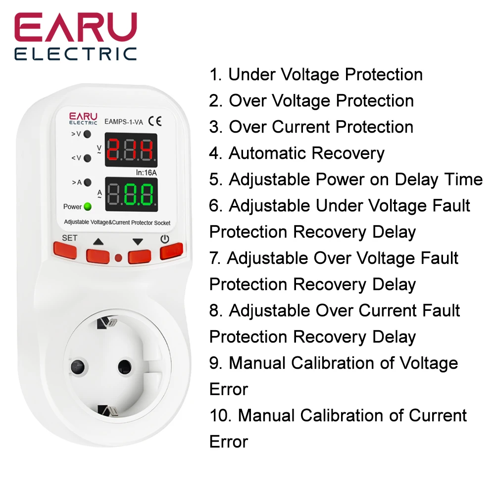 Automatic Voltage Surge Current Limiter Protector EU Socket Plug ...