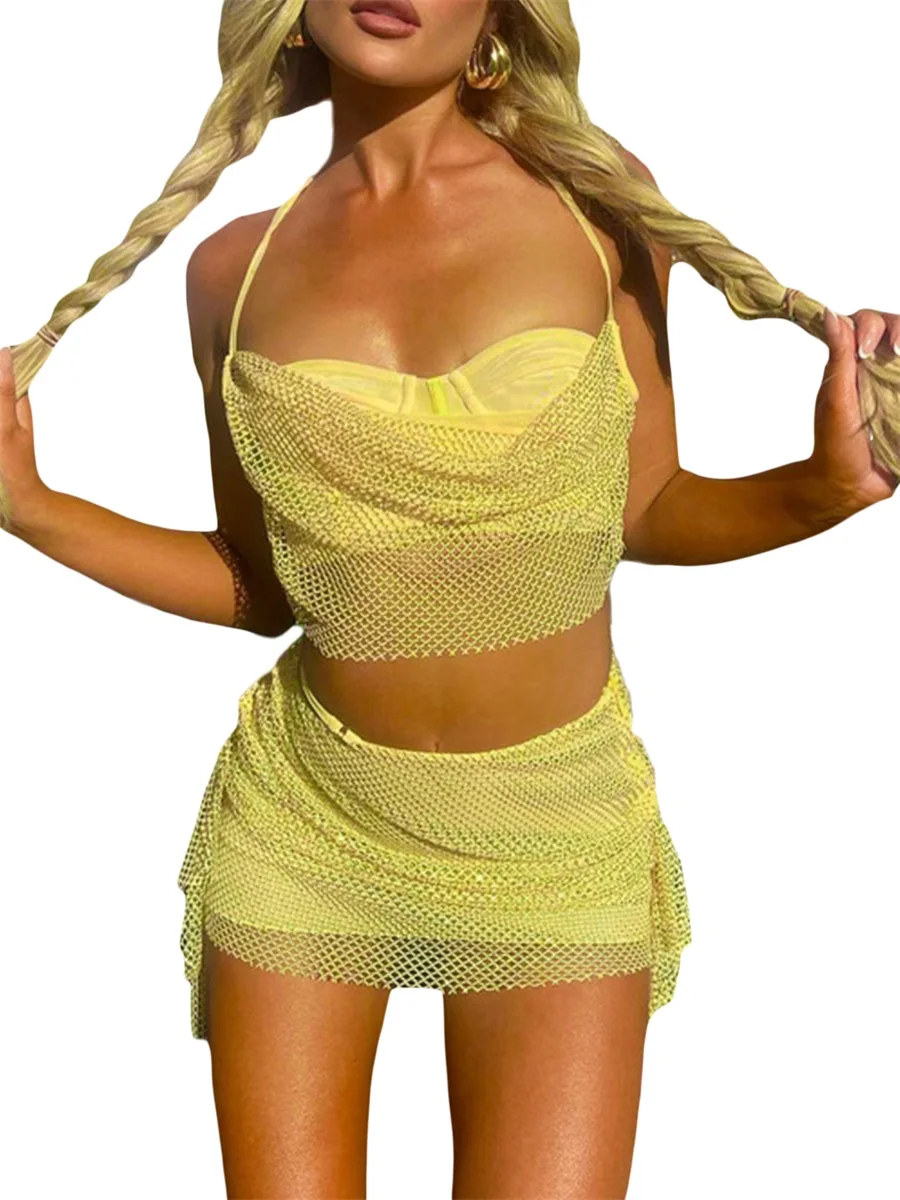 Women 2 Piece Mini Skirt Set Tie Up Halterneck Backless Cami Vest Tops