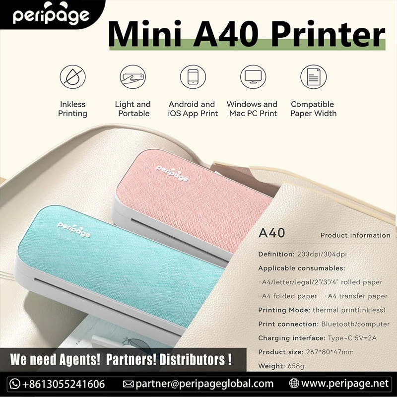 Peripage-A40-Mini-Portable-Thermal-A4-Photo-Bluetooth-Printer-For-Home ...