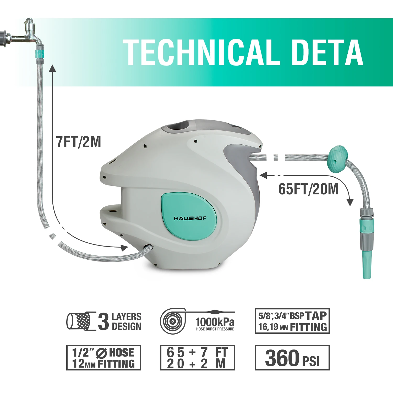 HAUSHOF Wall Mounted Retractable Garden Hose Reel Garden Hose Reel Box ...