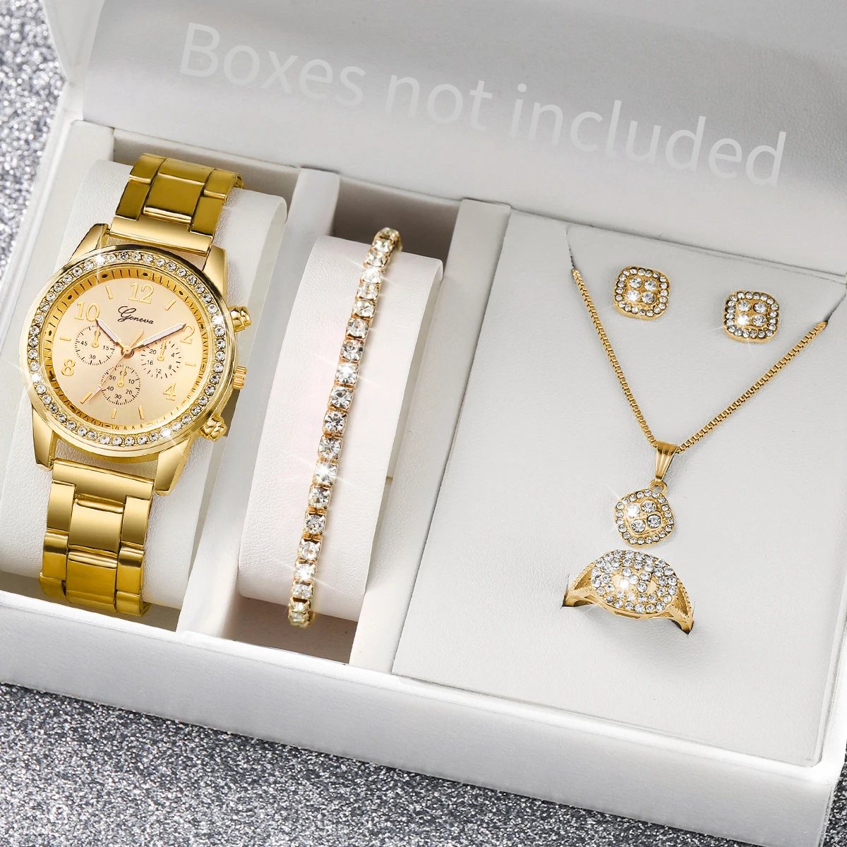 6PCS/Set Women's Watch Fashion Rhinestone Steel Band Analog Quartz ...