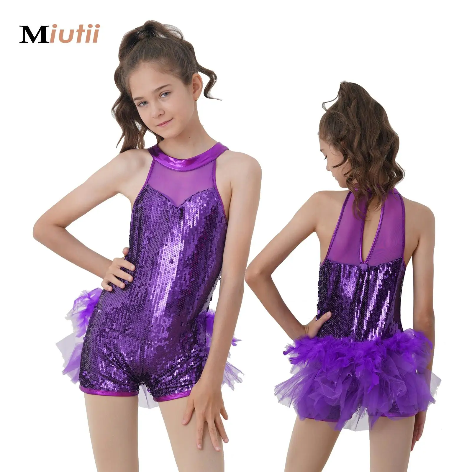 Girls Sequin Ballet Dancer Feather Unitard Jazz Latin Jazz Dance ...