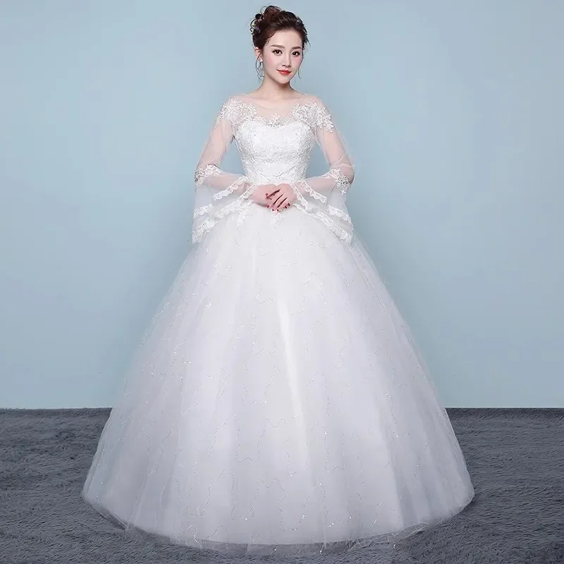 Wedding-Dress-White-Tulle-O-neck-Full-Sleeves-Appliques-Lace-up-Bling ...