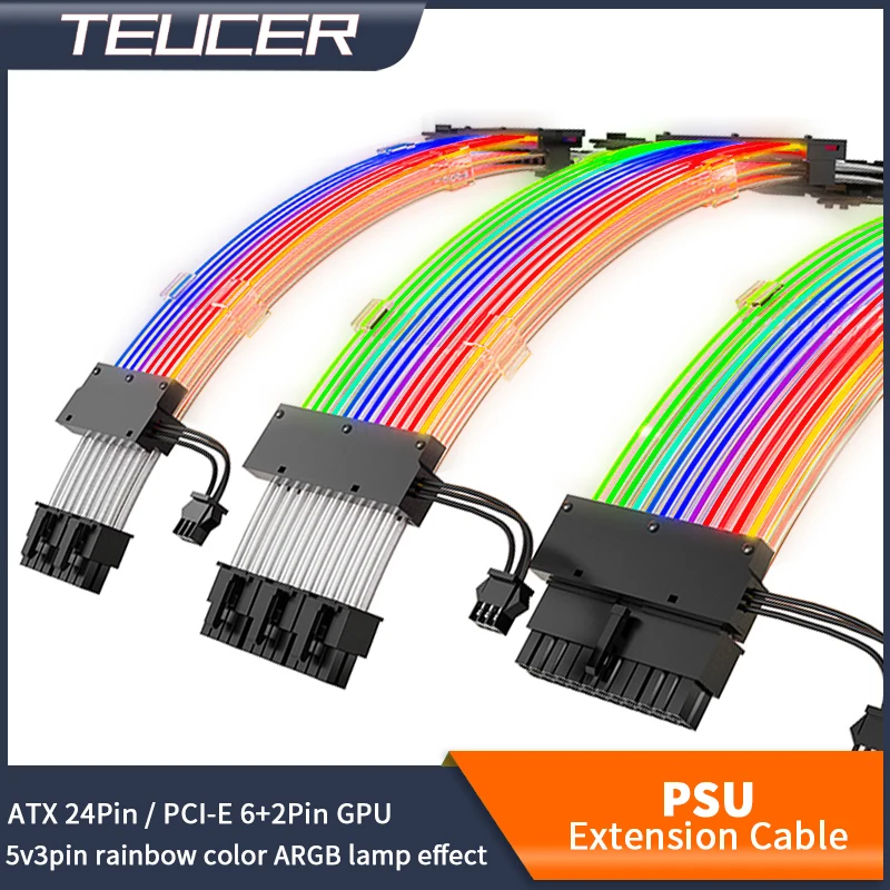 TEUCER PSU Cable 24 Pin ATX 8(6+2) Pin 2in1 16 Pin PCI-E Addressable ...