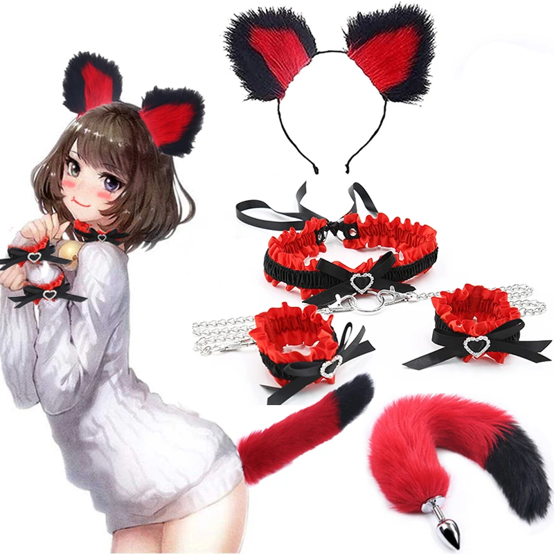 BDSM Fox Tail ชุด Butt Plug ปลอกคอแมวหู Restraint Handcuffs ผู้ใหญ่ ...
