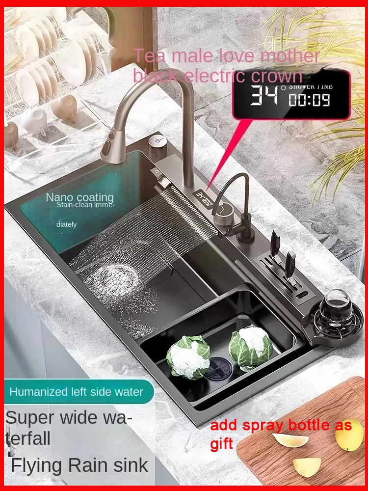 304-Stainless-Steel-Kitchen-Waterfall-Sink-Digital-Display-Large-Single ...