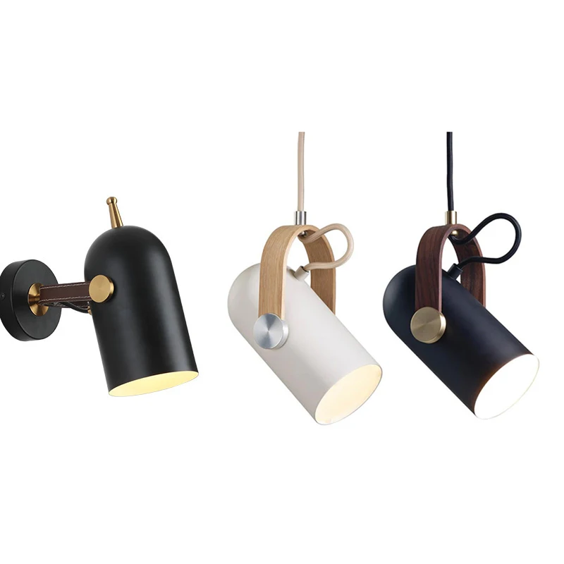 Rotatable Pendant Light Wood/PU Spotlight Belt Hanging Lamp Fixture ...