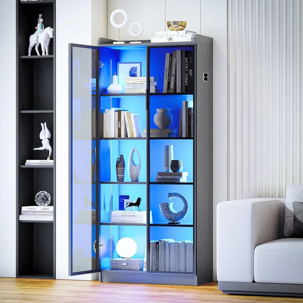 65-Display-Cabinet-with-Acrylic-Glass-Door-LED-Bookcase-with-Human ...