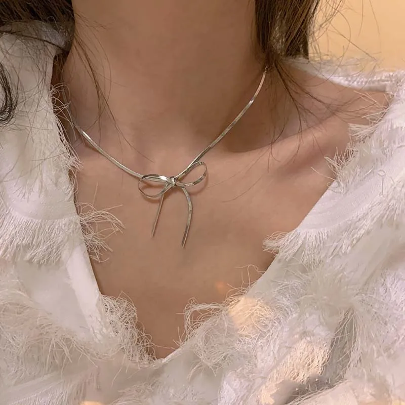 Korean-Silver-Color-Bowknot-Snake-Bone-Chain-Necklace-For-Women-Girl ...
