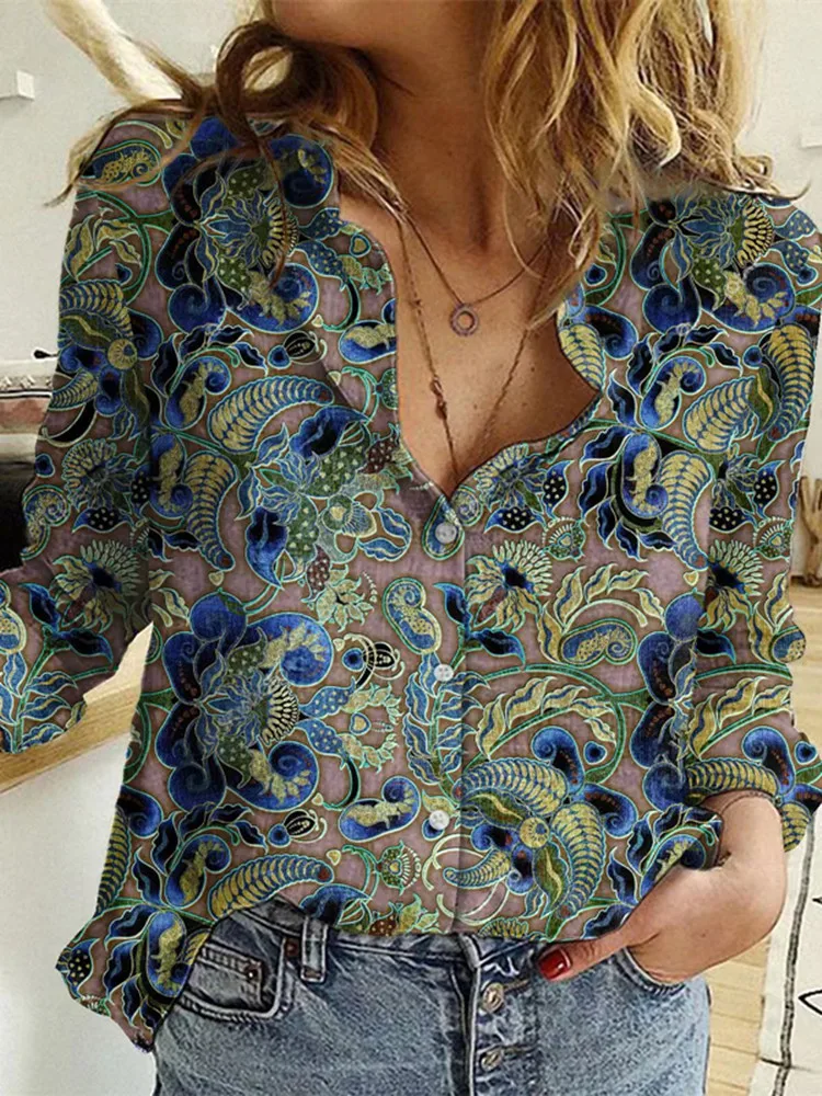 Chemise,Chemisier Vintage rétro imprimé Floral pour femmes, chemise ...