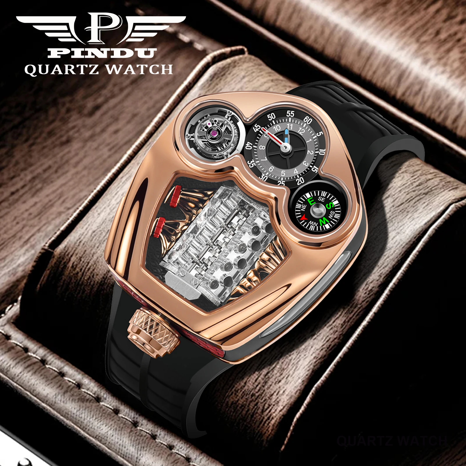 NEW PINDU Design Engine Series Quartz Watch Men Stainless steel Compass ...