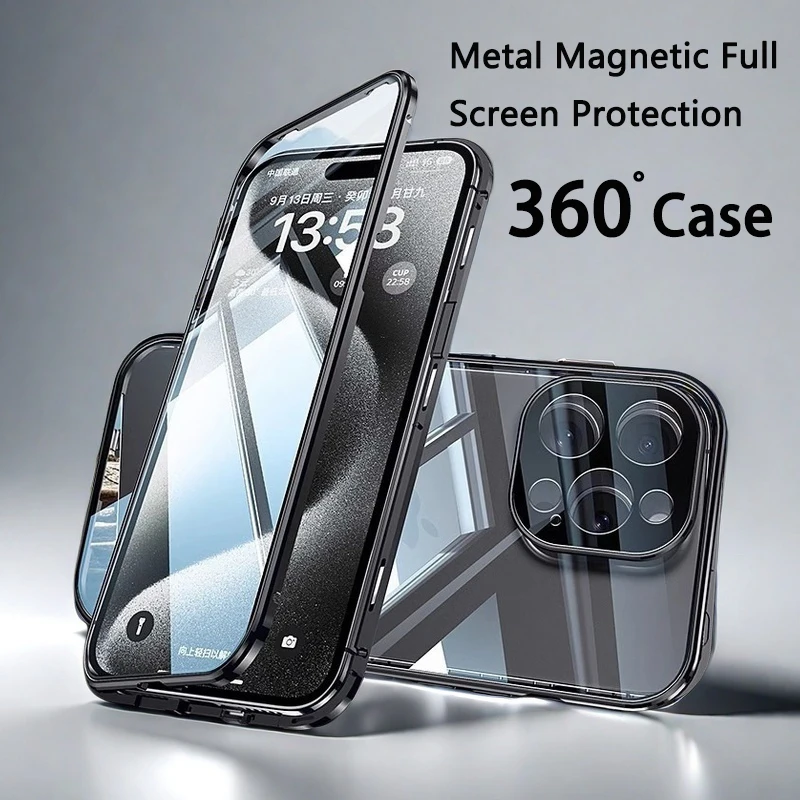 Metal Magnetic Double-sided Snap Lock Magsafe Case For iPhone 16 15 14 ...
