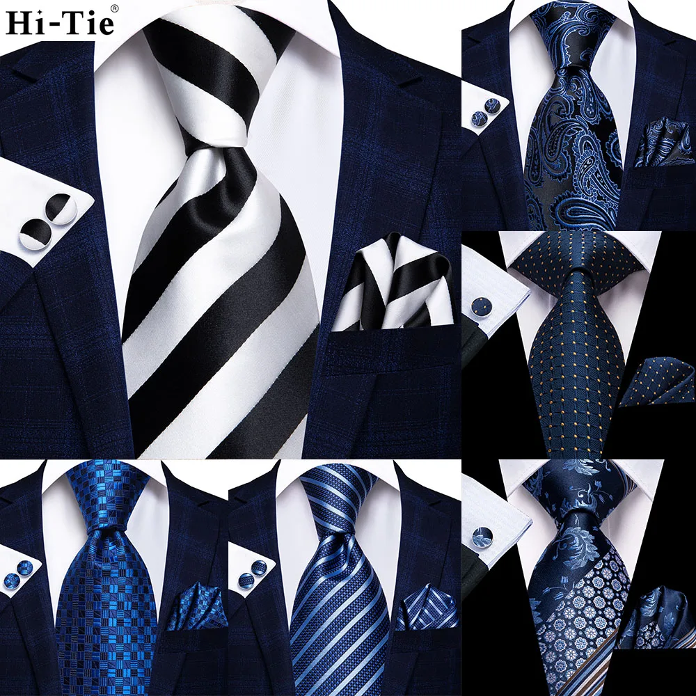 Hi-Tie-White-Striped-63inch-Silk-Men-Extra-Long-Ties-for-Men-Woven ...