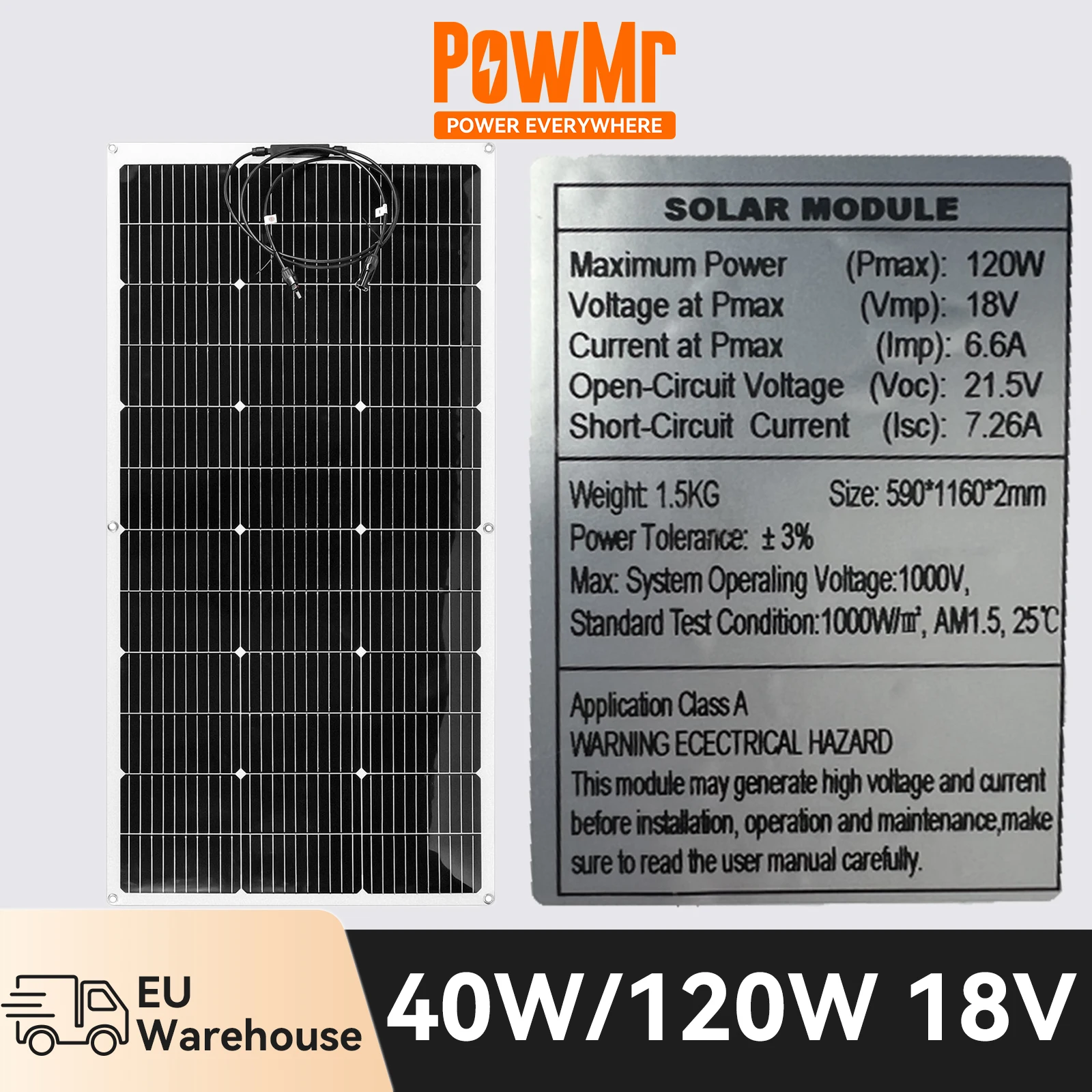 PowMr Flexible Solar Panels 120W 40W 18V Monocrystalline PV Module ...