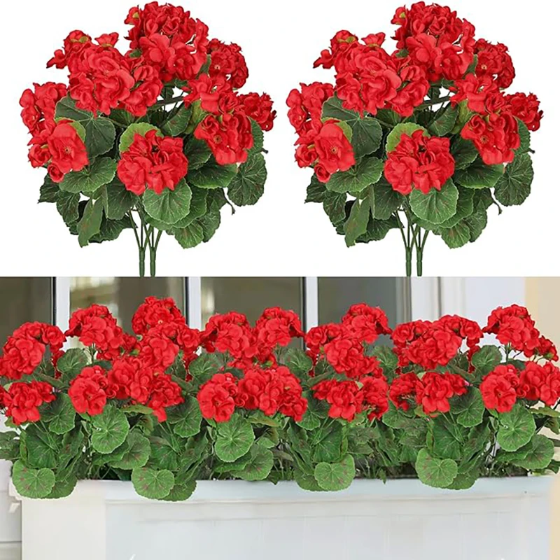 14in Artificial Geraniums Red Faux Flowers Silk Bouquet DIY Bushes for ...