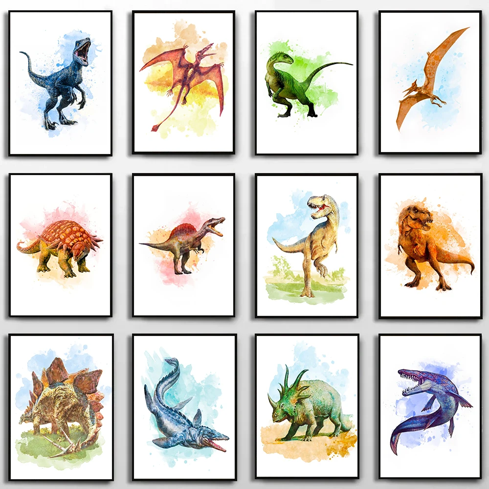 Cartoon-Dinosaurs-Poster-Canvas-Painting-Jurassic-T-Rex-Stegosaurus ...
