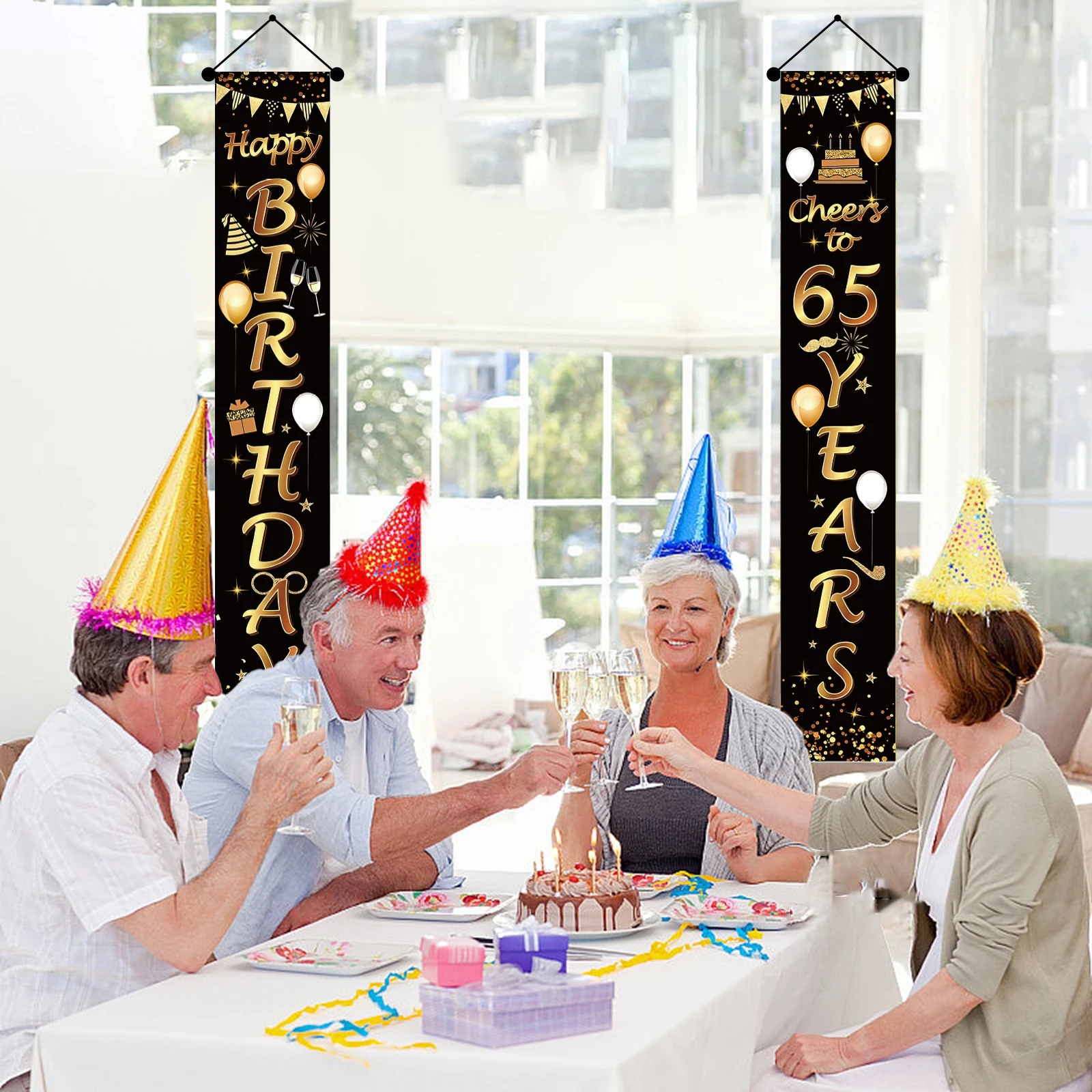 2 Pieces 65th Birthday Party Decorations Black and Gold Cheers to 65 ...