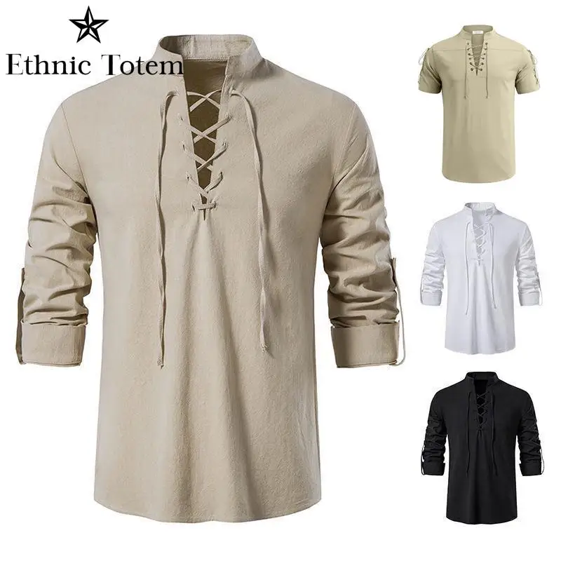Men-s-Cotton-Retro-V-neck-Lace-up-Puffy-Sleeve-Shirts-V-neck-Shirt-For ...