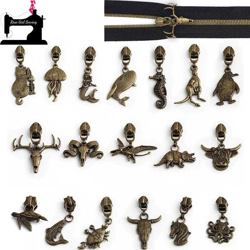 10-50-200PCS-Bronze-Animals-Oceans-5-Nylon-Metal-Zipper-Slider-Puller ...