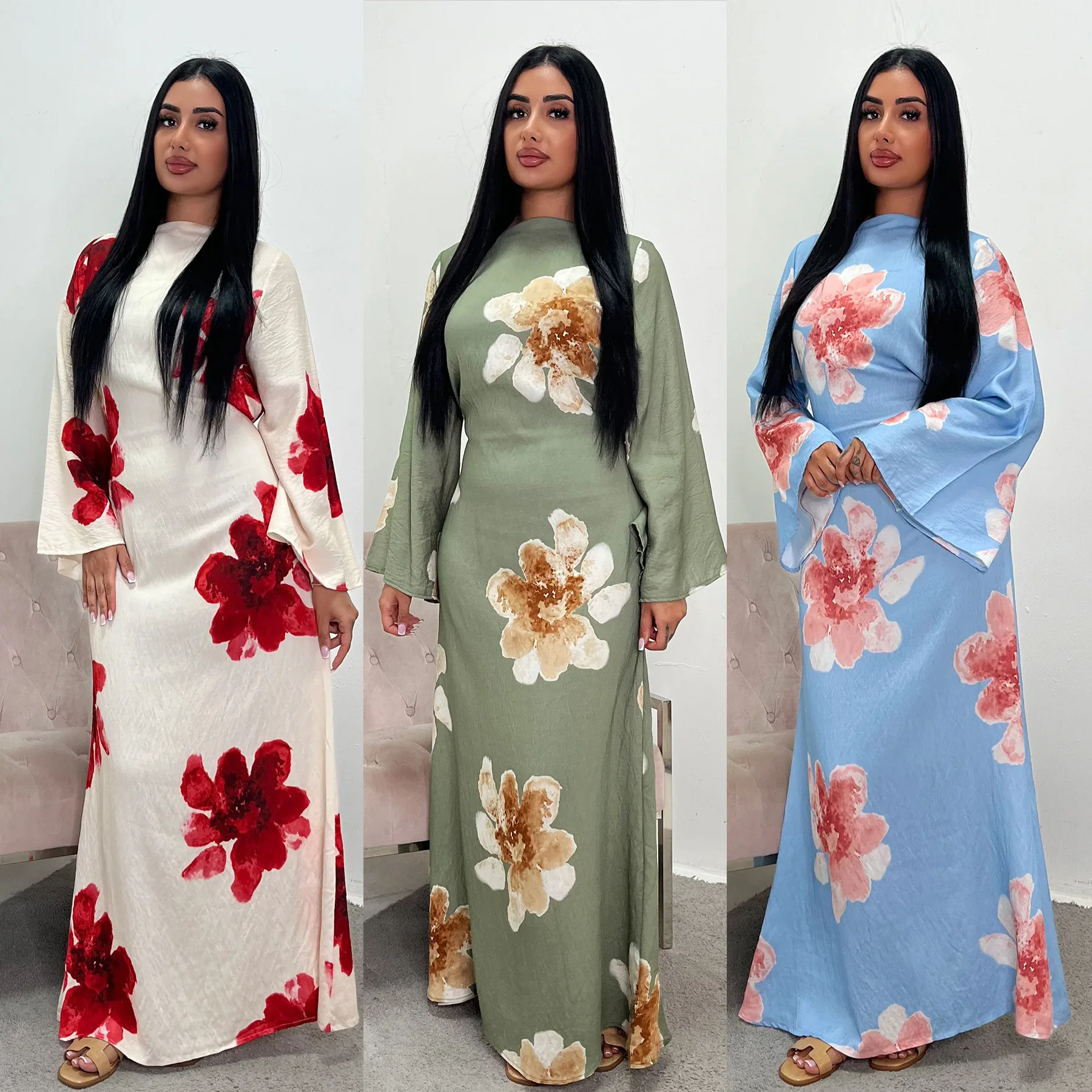 Arabesque Bell Sleeve Flowy Maxi Abaya Dress Elegant Floral Print ...