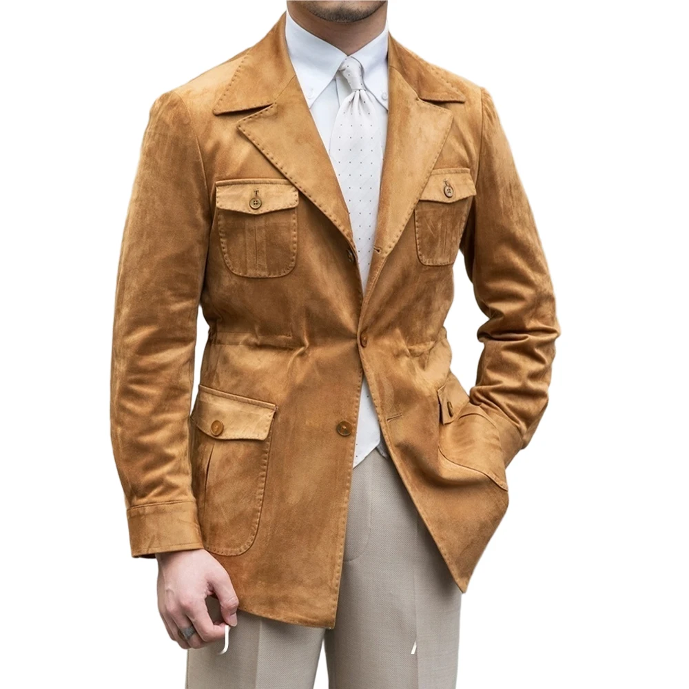Suede Jacket Single Breasted Lapel Neck Slim Fit Linen Men's Suits ...