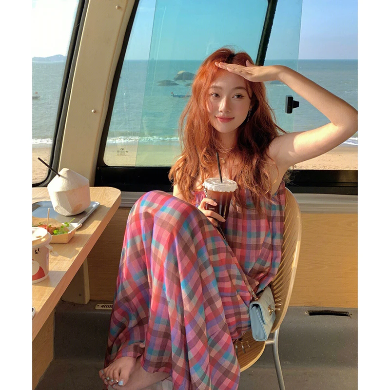 Korean Series Red Plaid Casual Suspender Skirt Women Summer Seaside ...