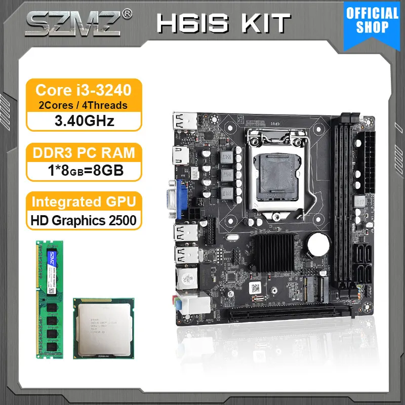 Szmz h61 itx placa mãe kit com núcleo i3 3240 processador e 8gb ddr3 memória h61s definir placa ...