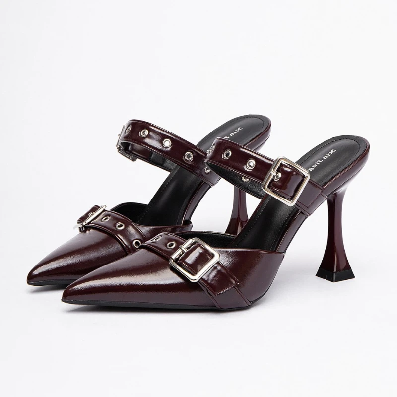 Fashion Metal Buckle Women's Mules with Heels Designer Luxury PU ...
