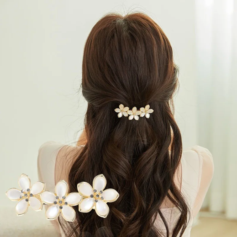 New Korean white flower pearl spring clip boutique opal bowknot ...