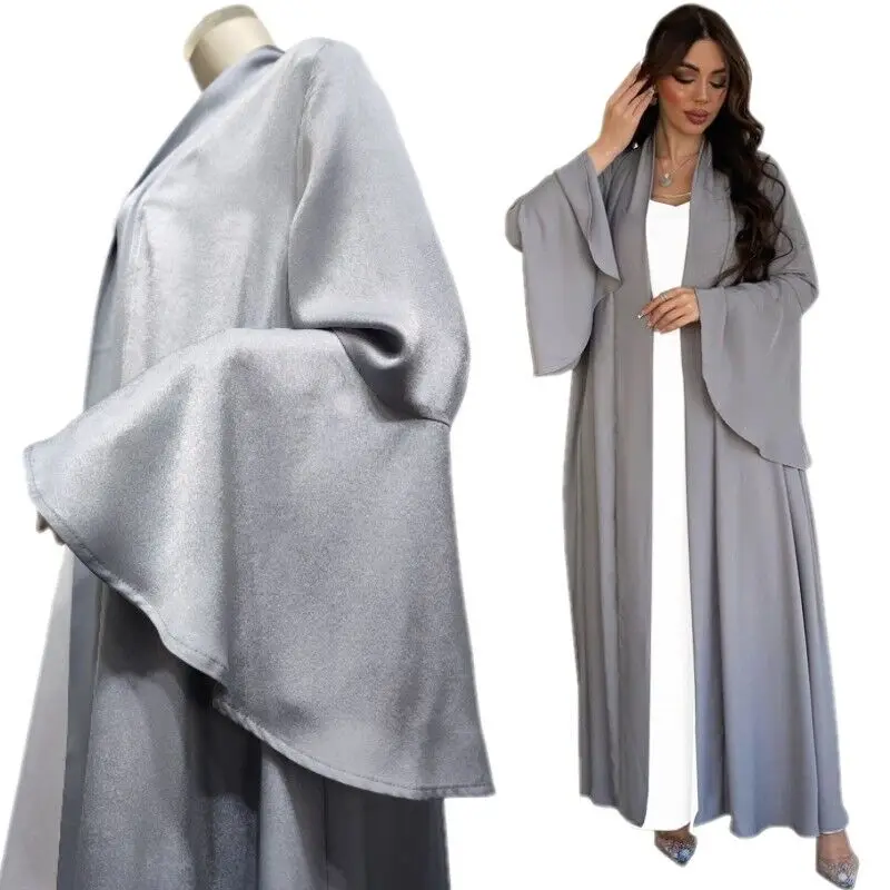 Ramadan Eid Satin Abaya Muslim Women Dress Dubai Kimono Maxi Islamic Ruffle Sleeve Robe Arabic ...