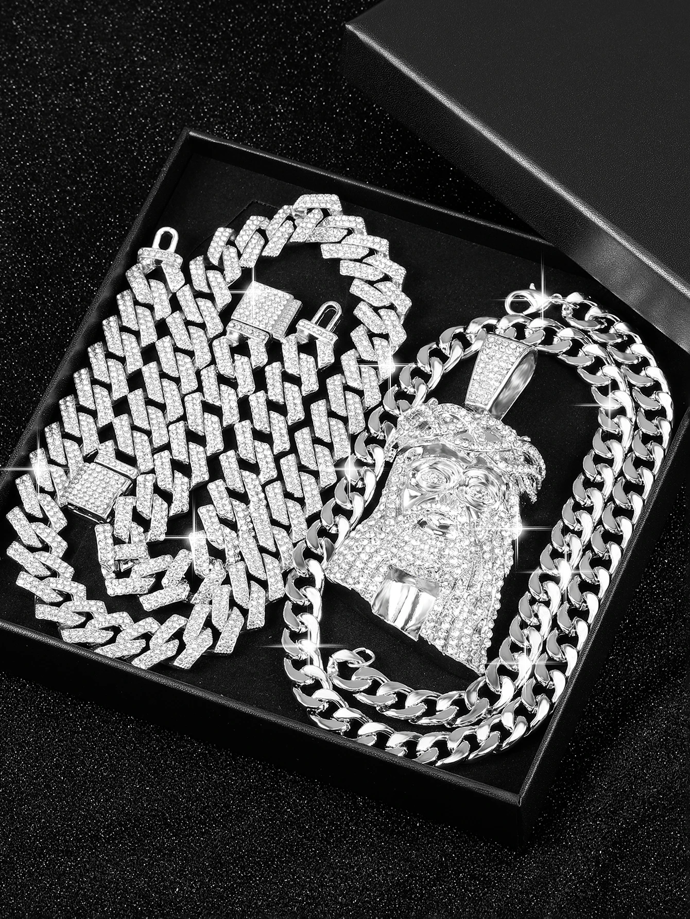 4 Pcs Luxury Big Jesus Pendant Gift Box Set Cuban Chain and Bracelet ...