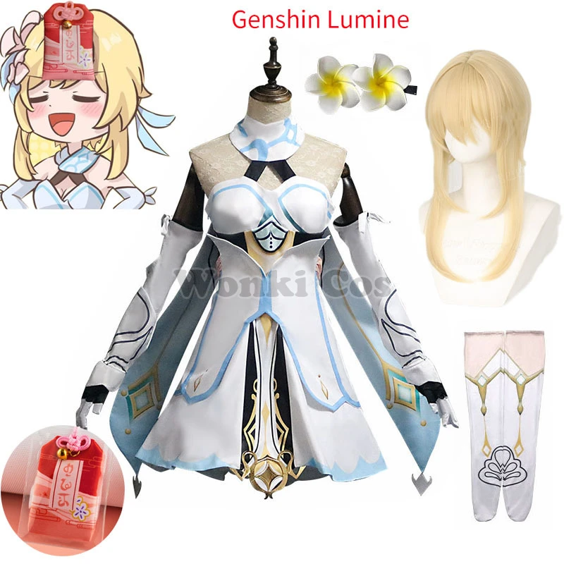 Genshin Impact Lumine Cosplay Costume Dress With Headwear Cosplay Wig ...