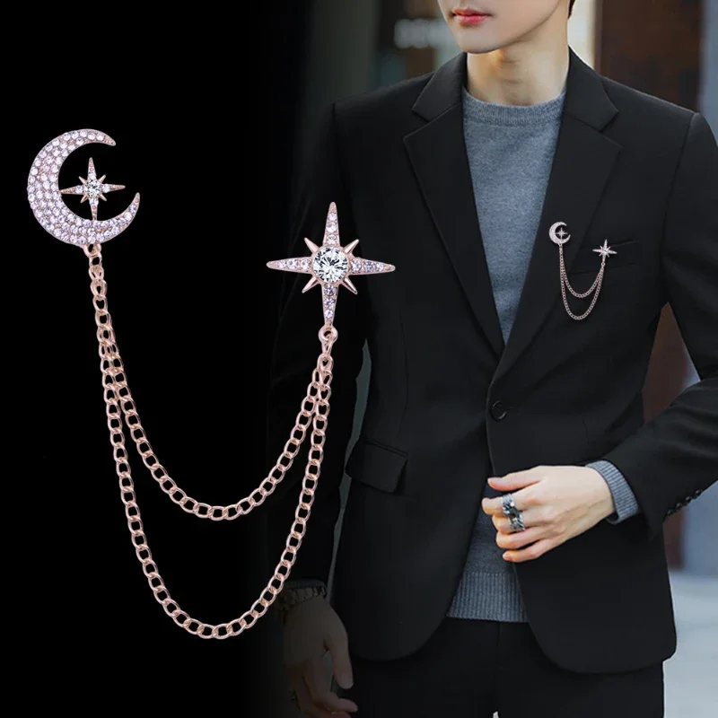 Korean-Fashion-Crystal-Moon-Star-Brooches-for-Women-Men-Rhinestones-Tassel-Chain-Badge-Lapel ...