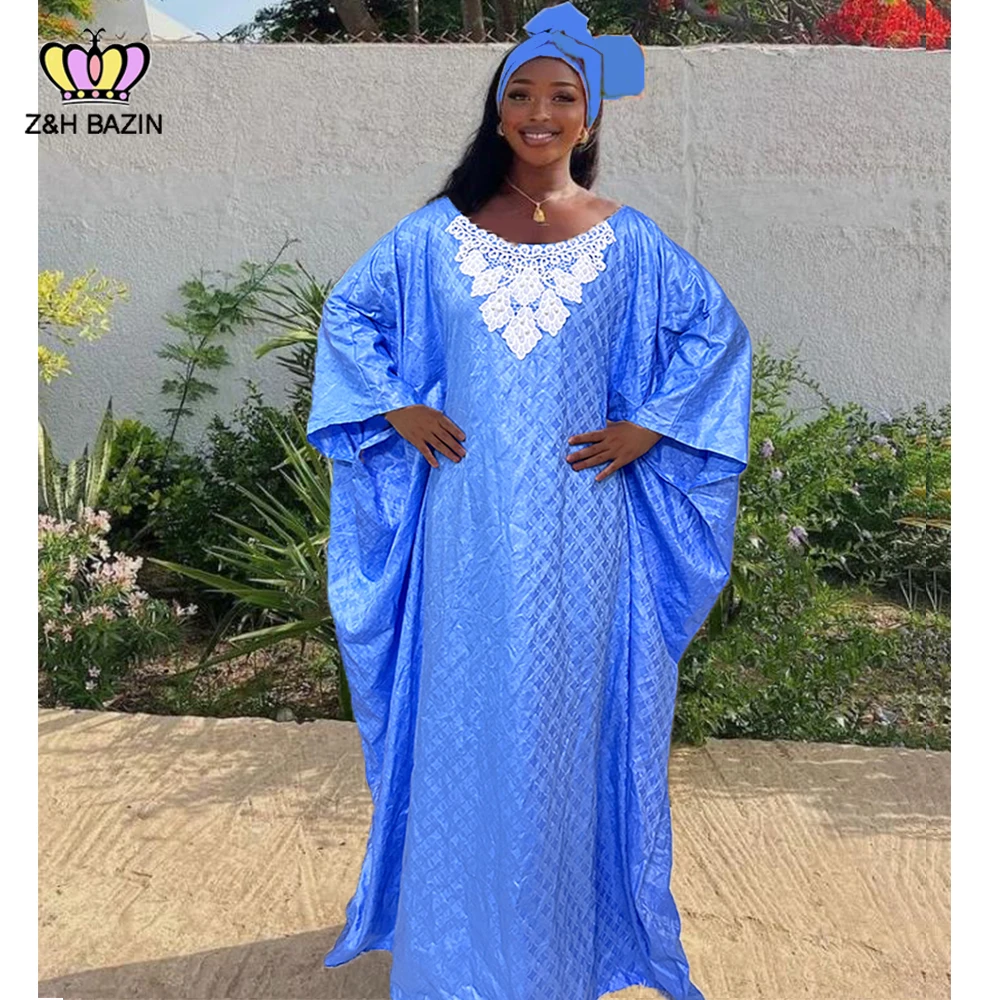 African Dresses For Women 2023 New Elegant Blue Traditional Bazin Riche Long Dresses Dashiki ...