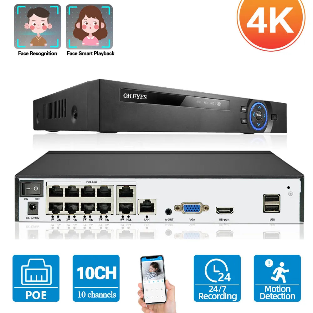4K 8CH CCTV POE NVR Face Detection 8MP XMEYE P2P Network Video Recorder ...