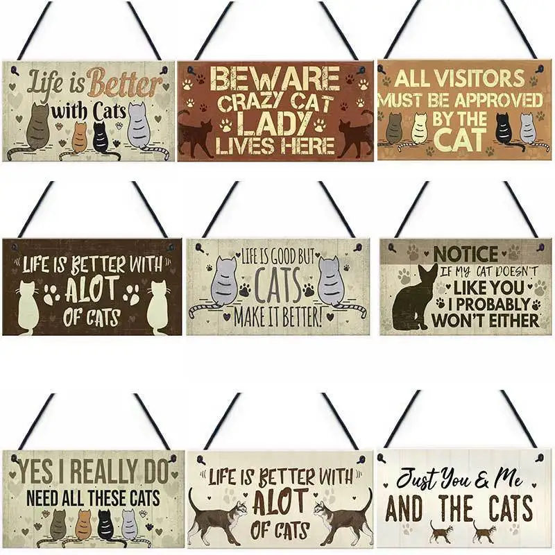 10x20cm Wooden Cat Sign Hanging Plaque Cute Wood Pendant Plates For Pet ...