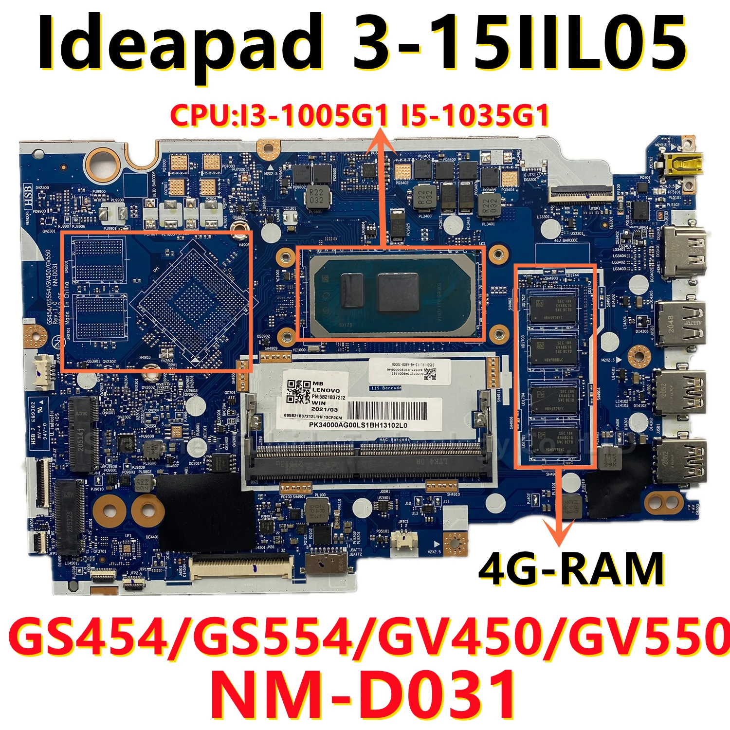 Nm-d031 For Lenovo Ideapad 3-15iil05 Laptop Motherboard 5b21b37212 ...