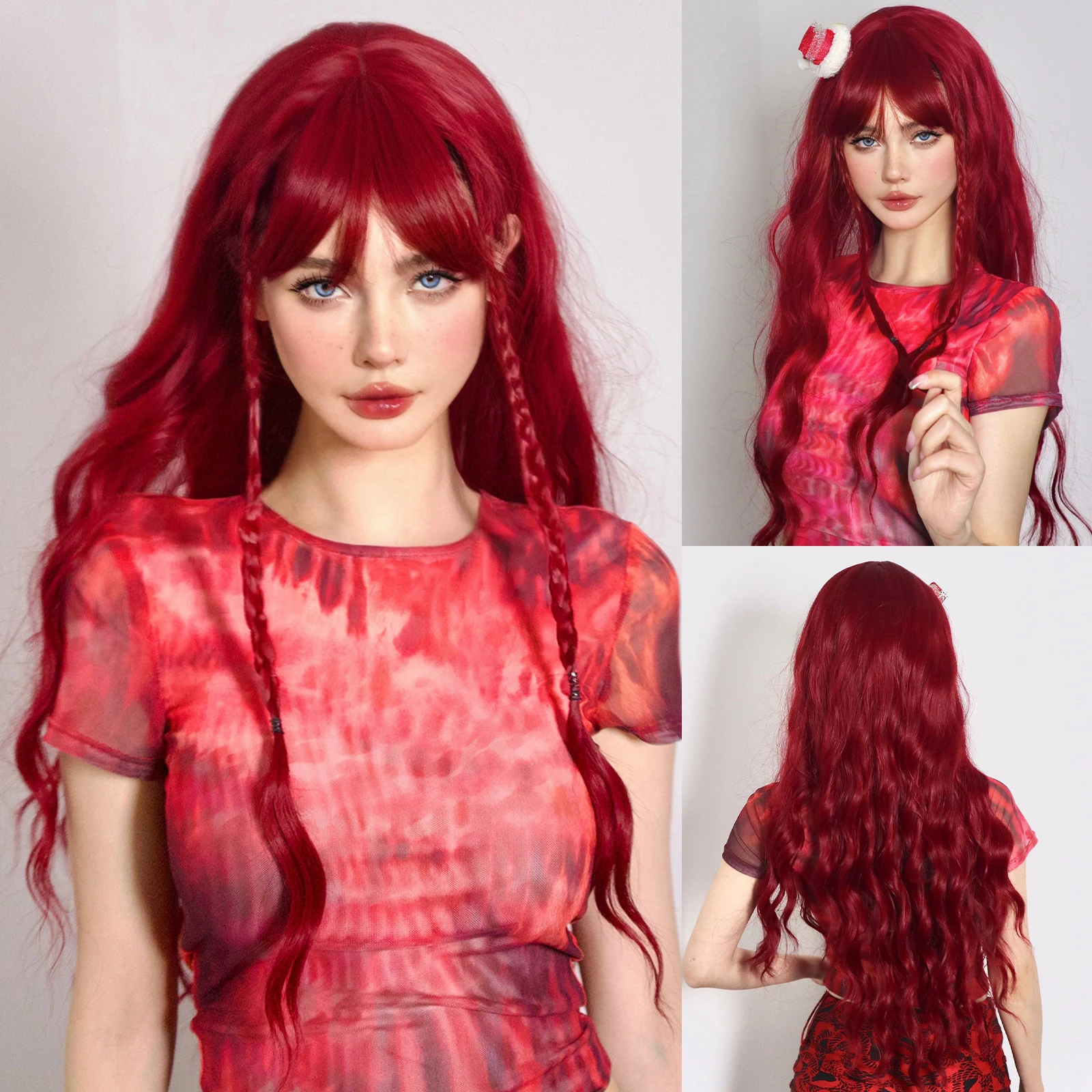 Wine Red Burgundy Synthetic Wigs for Women Long Curly Wave Cosplay ...