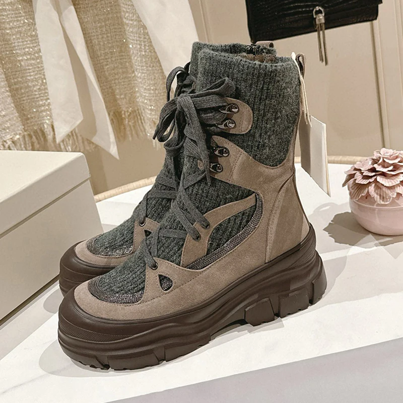 Winter Round Toe Cotton Lace Up Short Boots Women Elastic Bands Thick ...