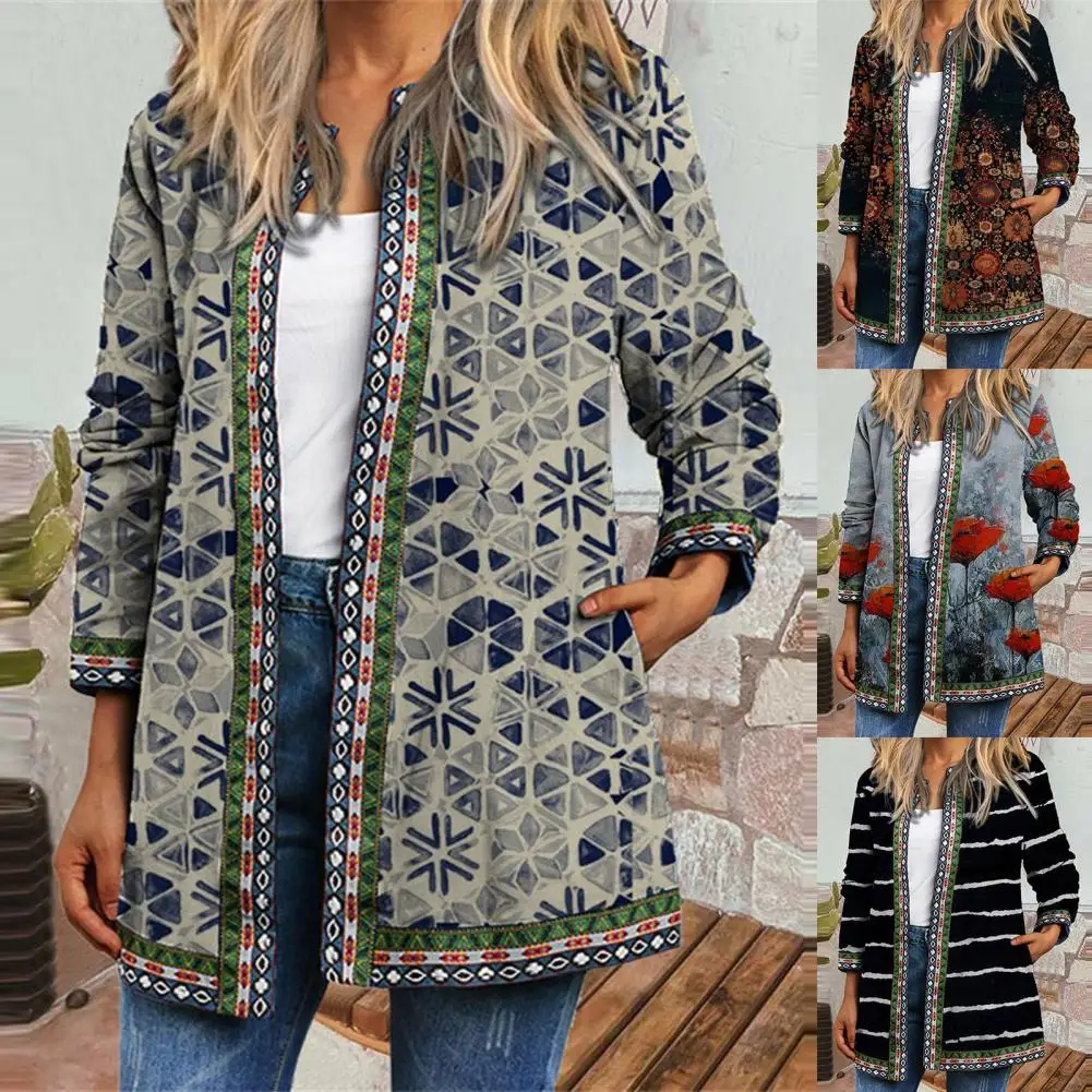 Stylish Ladies Jacket Floral Print Pockets Loose Geometric Print Round ...