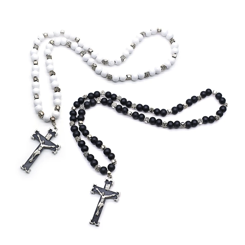 Rosary Necklace Jesus Christ Cross Pendant Necklaces Alloy Bead Long ...