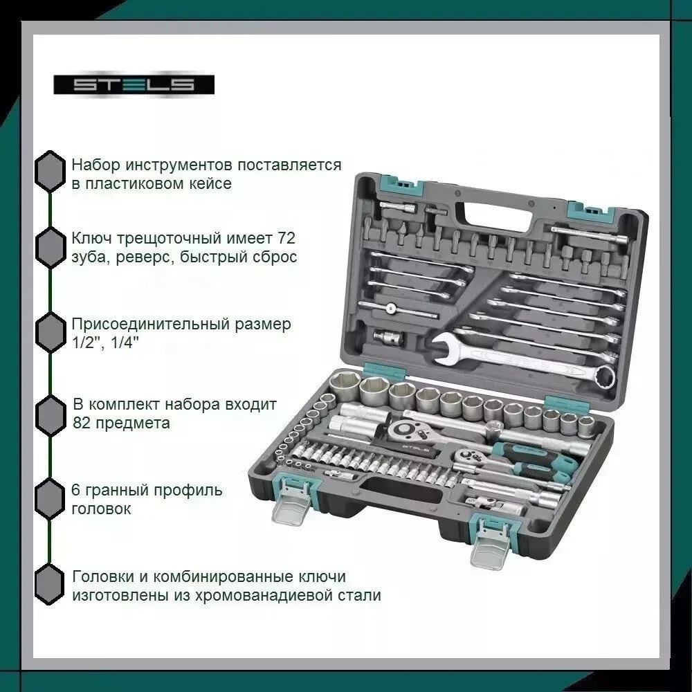Tool Set, 1/2, 1/4, Crv, Plastic Case, 82 Items Stels 14105 Ratchet ...