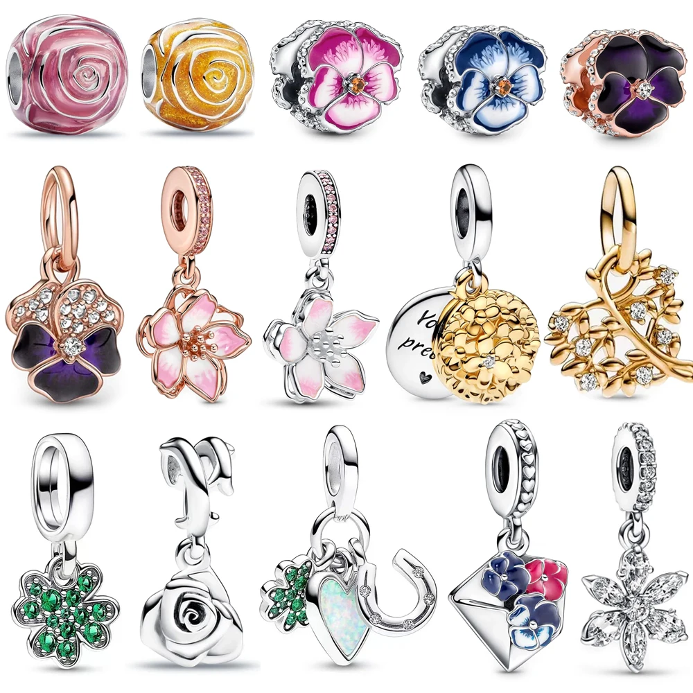 925-Sterling-Silver-Classic-Flower-Pendant-Rose-in-Bloom-Dangle-Charm ...