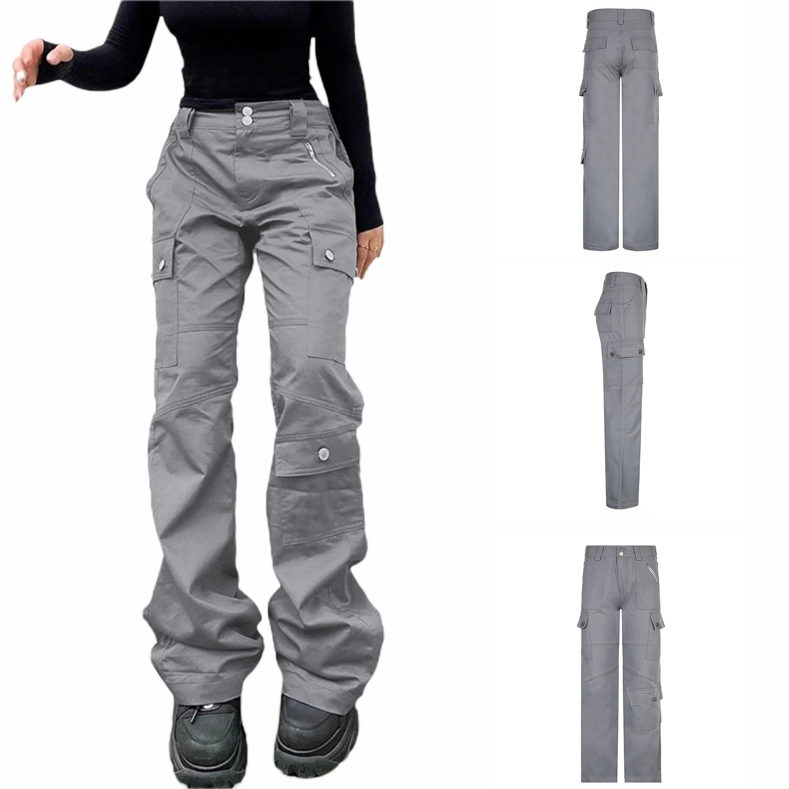 Women-Denim-Pants-Plain-Color-Straight-Leg-Multi-Pockets-Long-Jeans ...