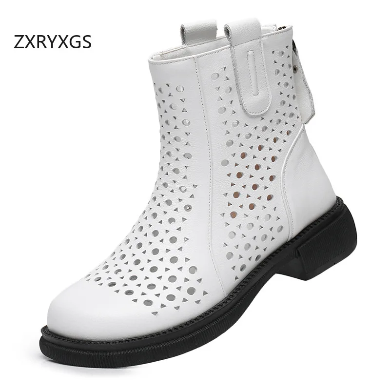 ZXRYXGS Top Layer Cowhide in-tube Hollow Boots 2026 Large Size Spring ...