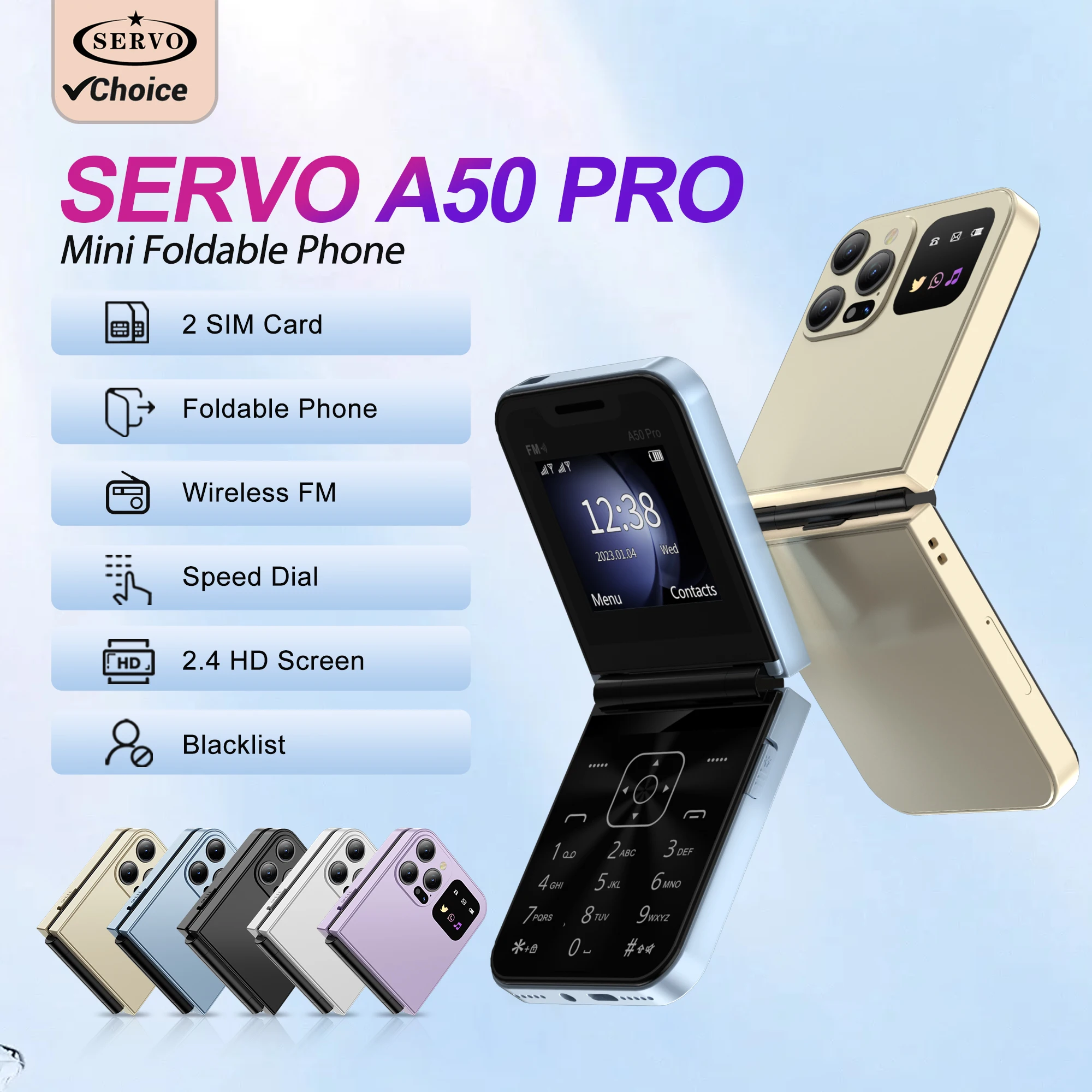 SERVO A50 PRO 2G Flip Phone Dual SIM Card GSM Electric Torch Automatic ...