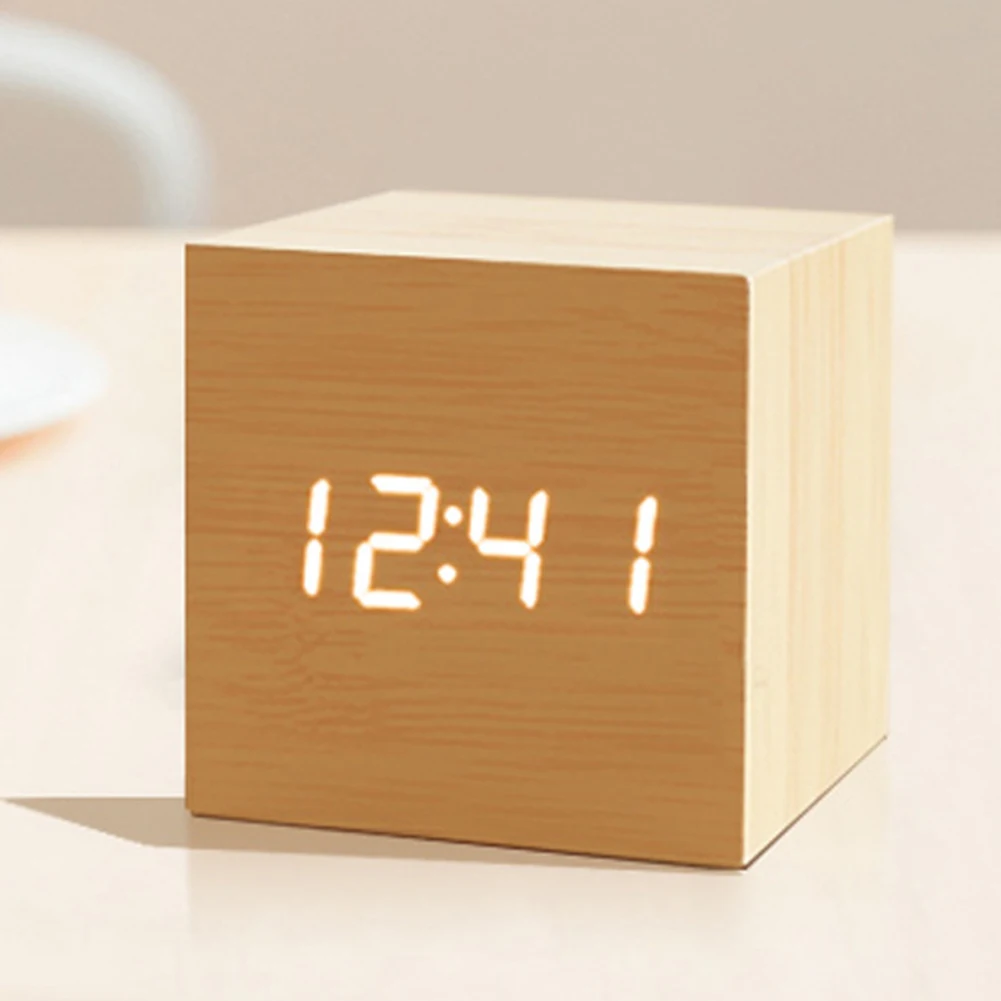 LED-Wooden-Clock-Cube-Voice-Control-Adjustable-Brightness-Smart-Alarm ...